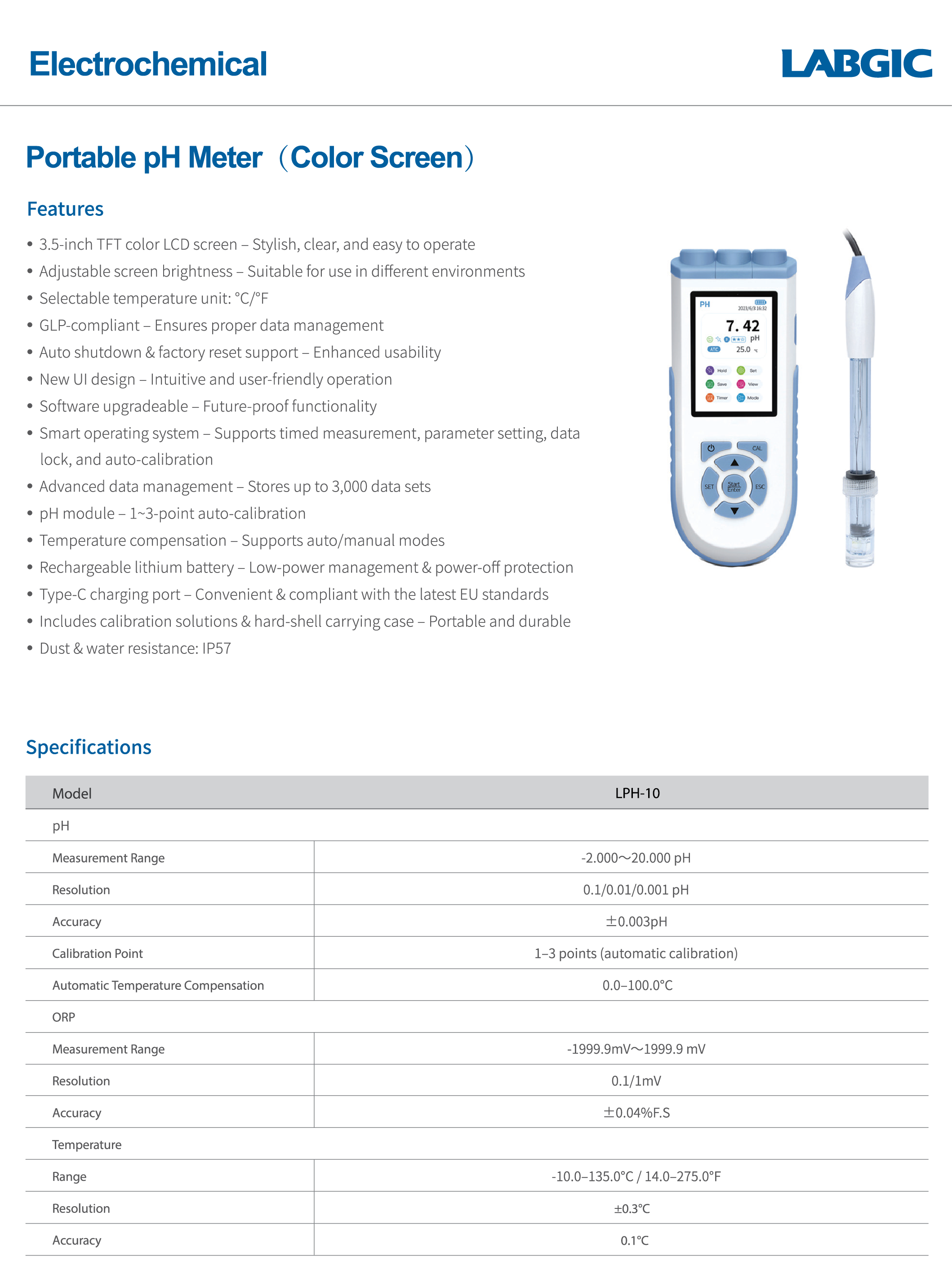 Portable pH Meter (Color Screen)