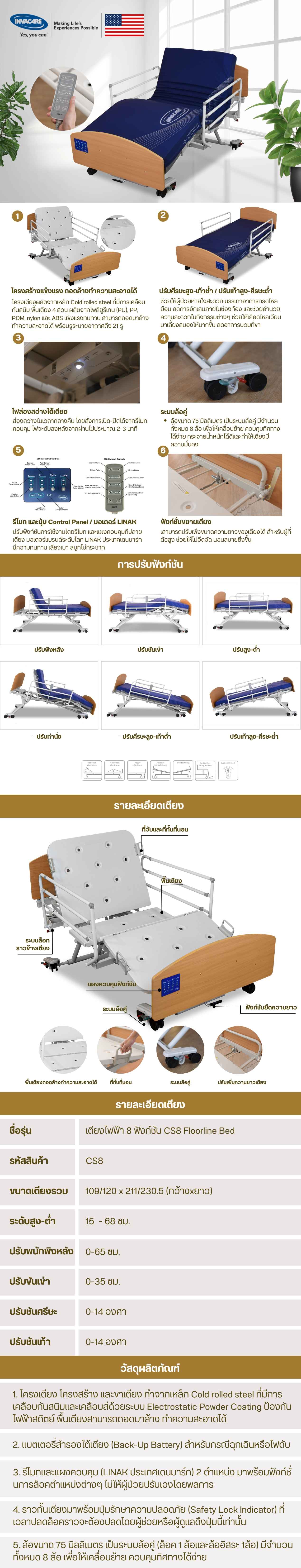 เตียงผู้สูงอายุไฟฟ้าดีไซน์ไม้ 8 ฟังก์ชั่นยี่ห้อ Invacare รุ่น CS8 ...