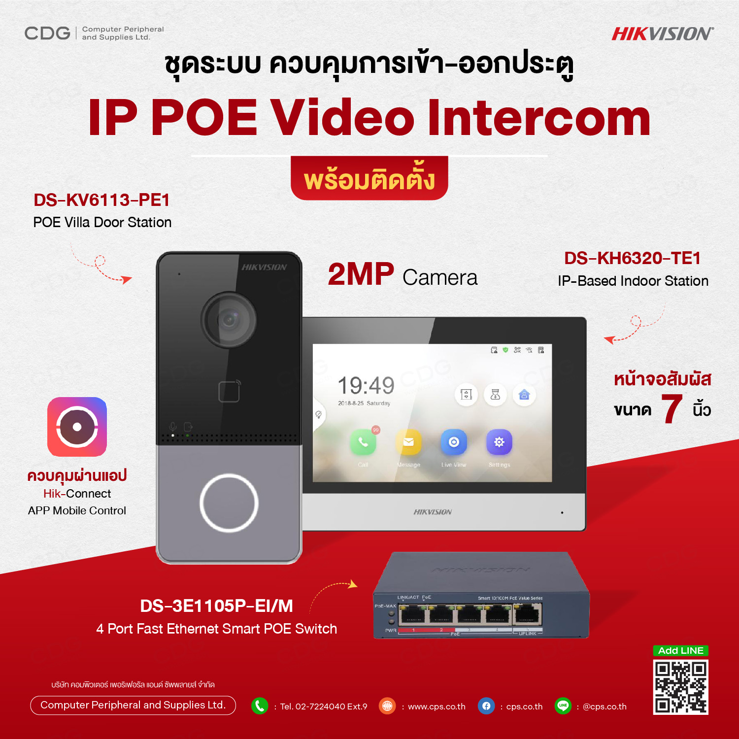 ชุดระบบ Hikvision IP POE Video Intercom รุ่น DS-KV6113-PE1