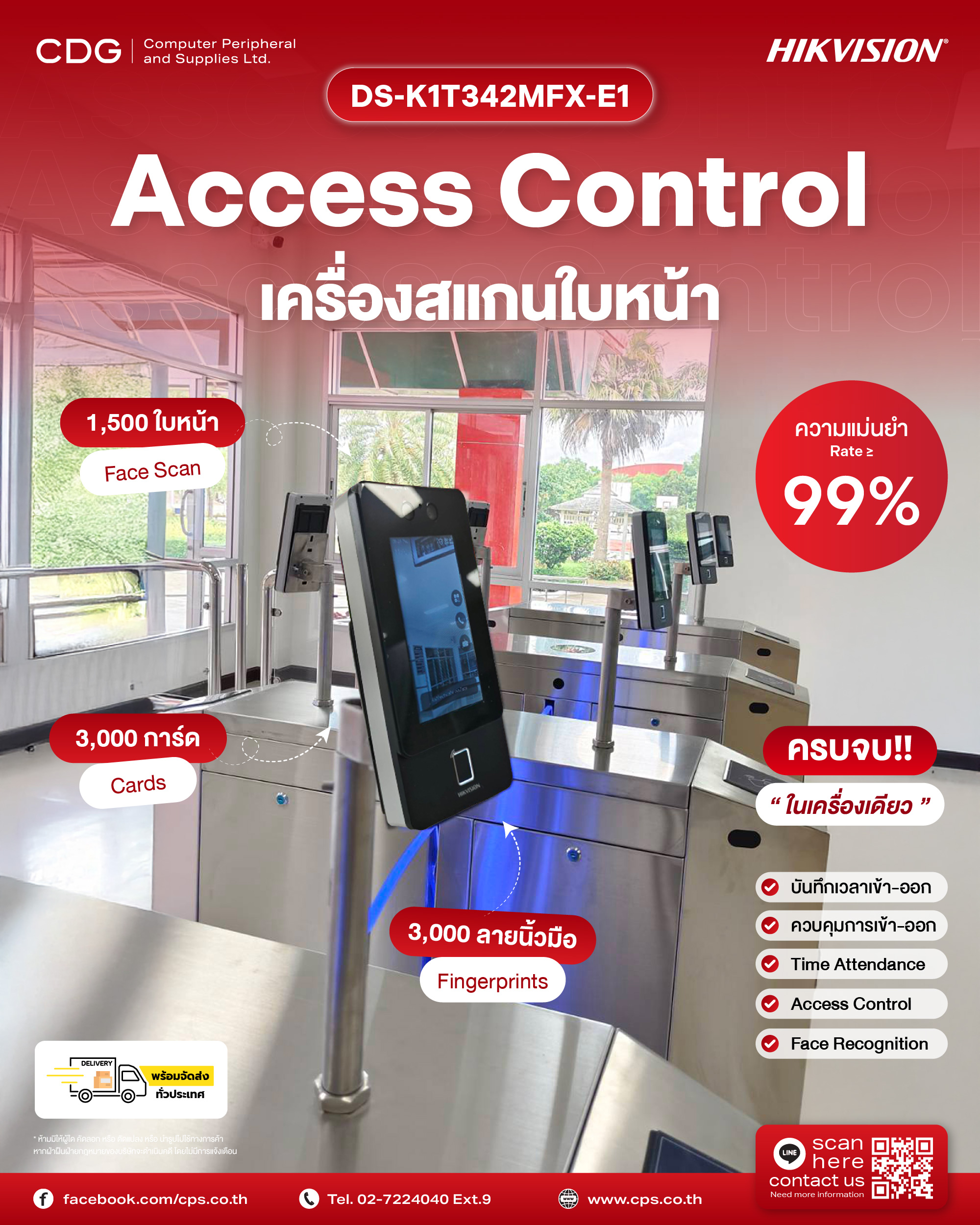 เครื่องสแกนใบหน้า และลายนิ้วมือ Hikvision DS-K1T342MFX-E1