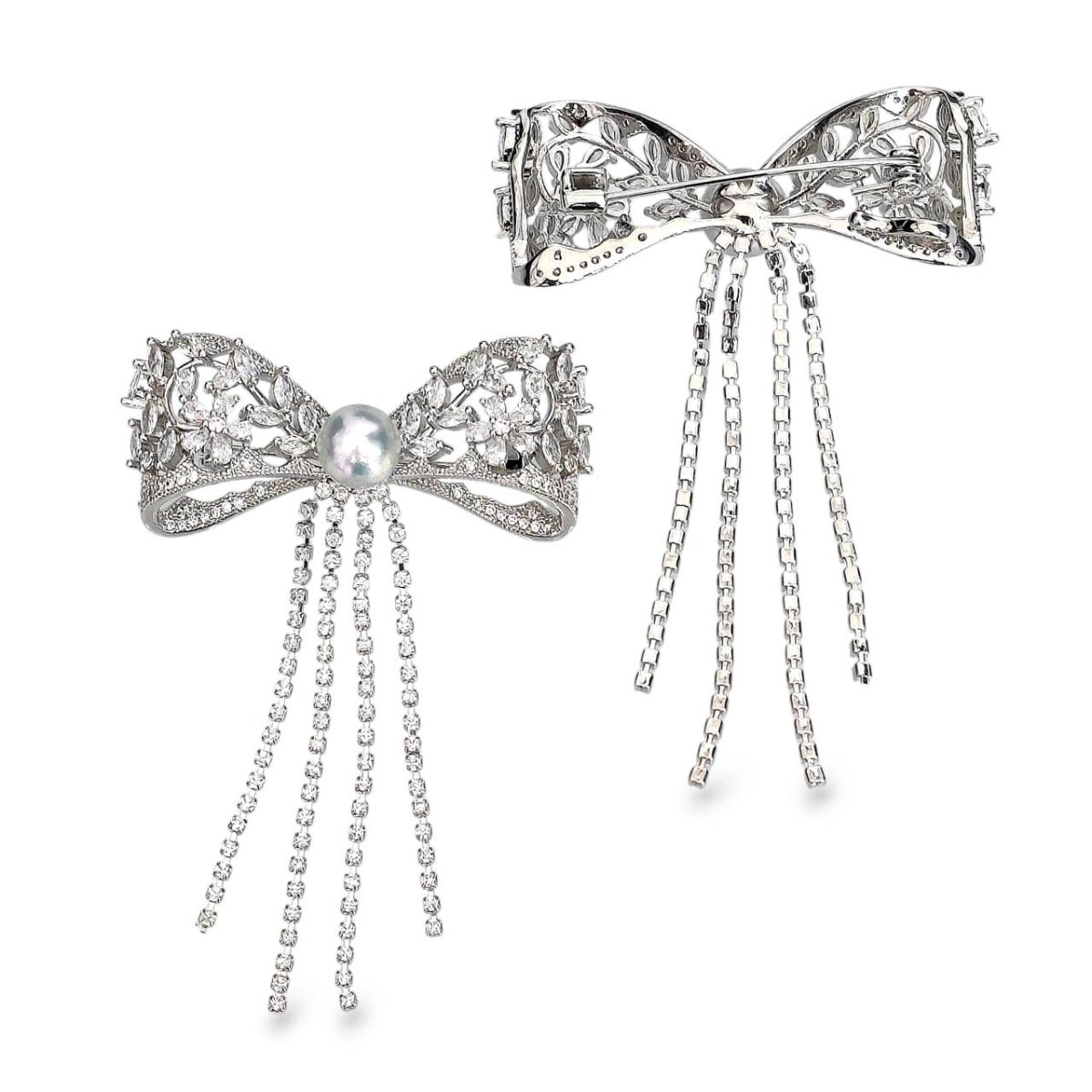 Approx. 8.0 mm, Akoya Pearl, Bow Long Tail Pearl Alloy Brooch