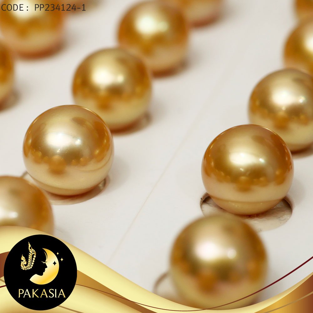 มุกจับคู่ มุกแท้สายพันธุ์เซาท์ซี กลม สีทองเข้ม Dark Golden ขนาด 12mm. เกรด AA+/ SN3100ZM017 ...
