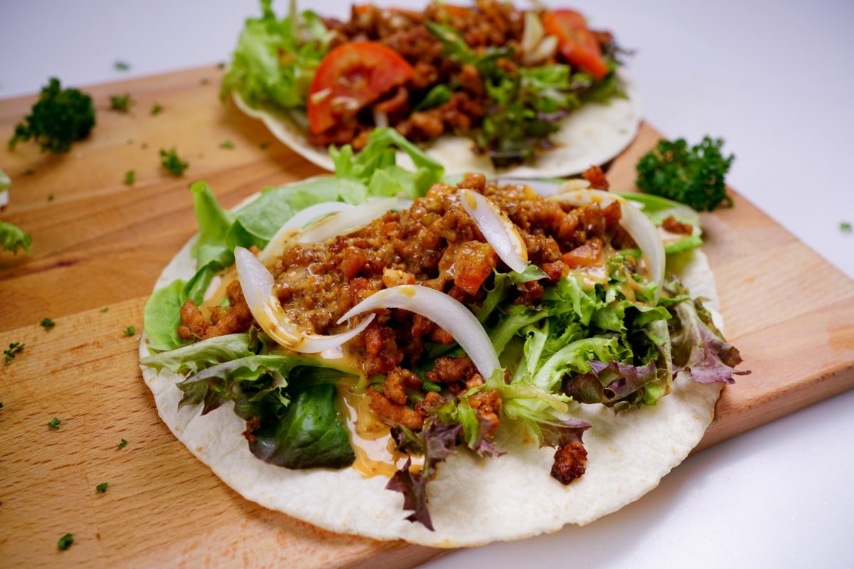 Plant Based Protein Mince with Kewpie Japane and Wraps - nevermeat