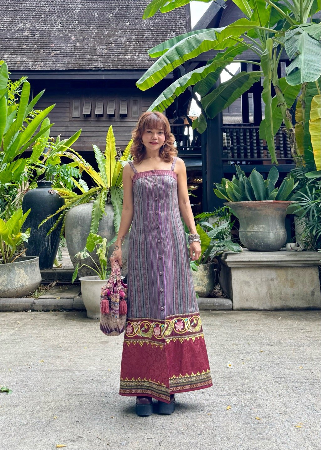 Spaghetti Maxi Dress จากผ้าซิ่นไหมคำ x ผ้าซิ่นคำเคิบ - benela-fashionmaker