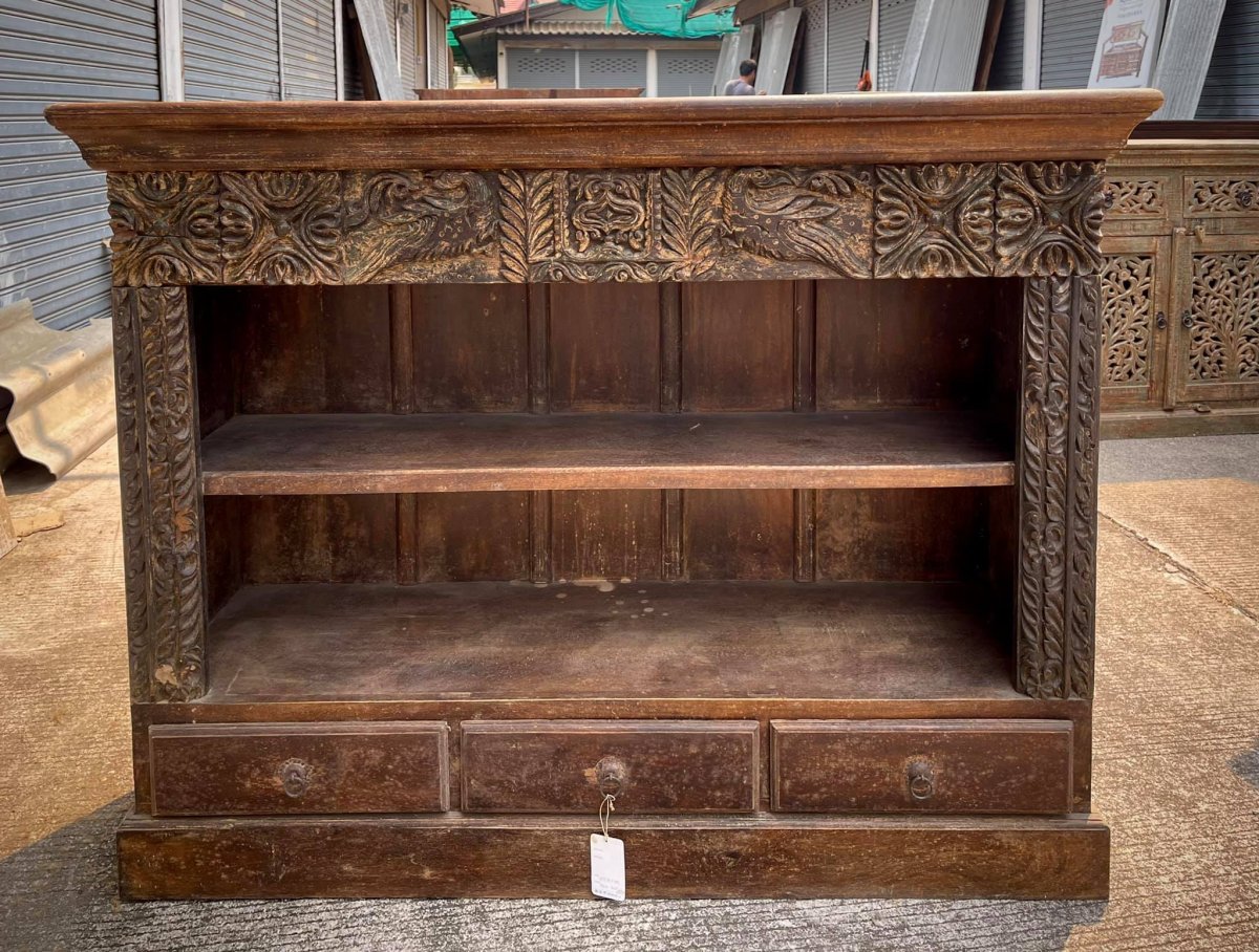 LBK13 Antique Book Rack with Carved Peacocks - kamalaantique