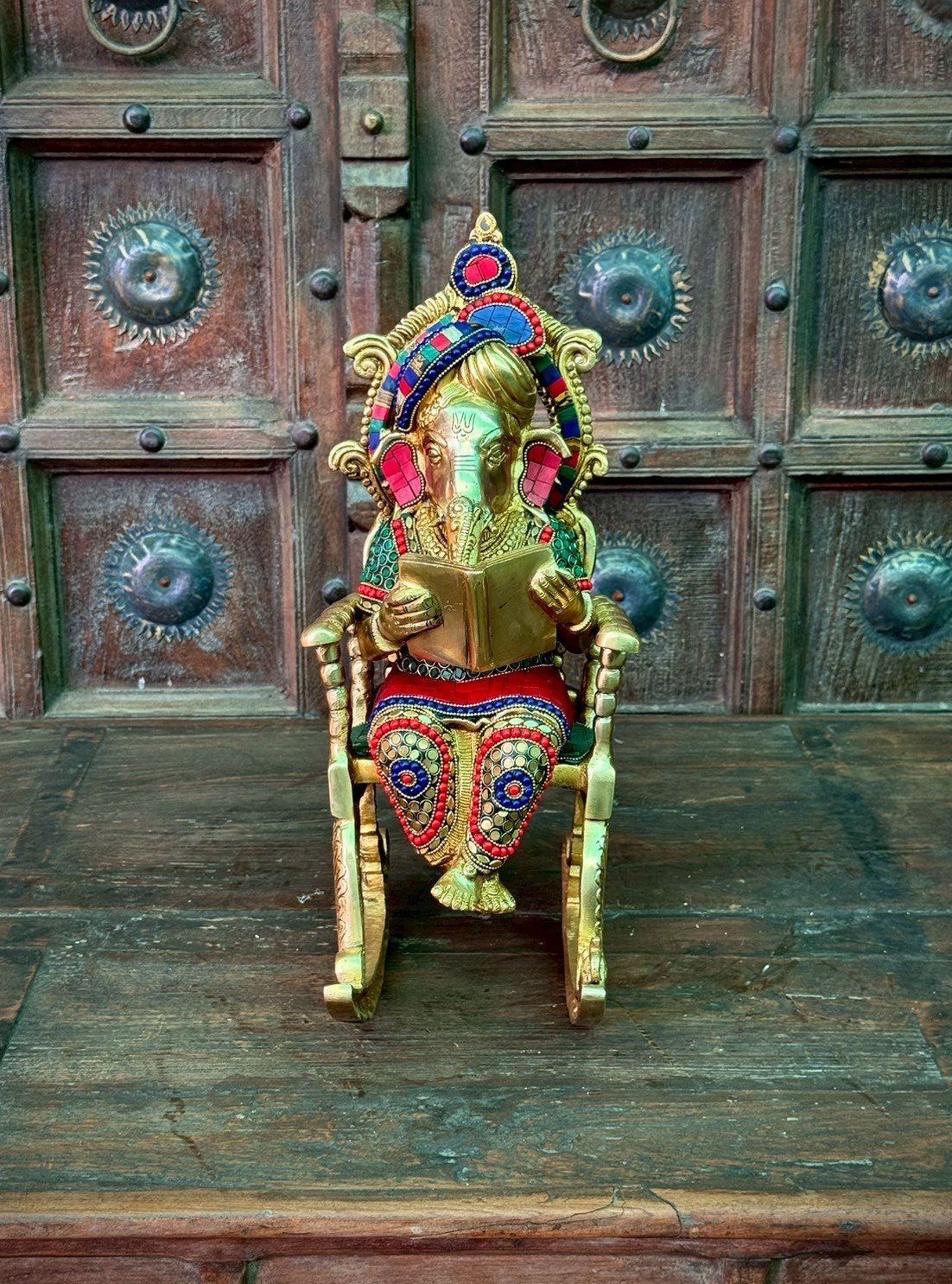 Vidhya Ganesh Brass Statue with Colorful Stones