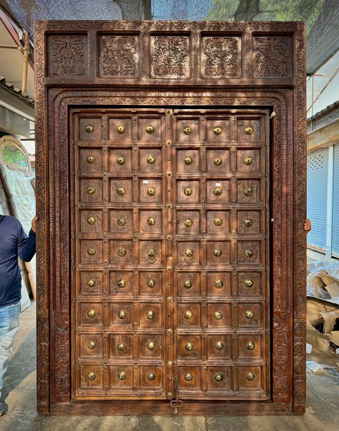 Luxurious Extra Wide Enter Door with 5 Carved Top Panels - kamalaantique