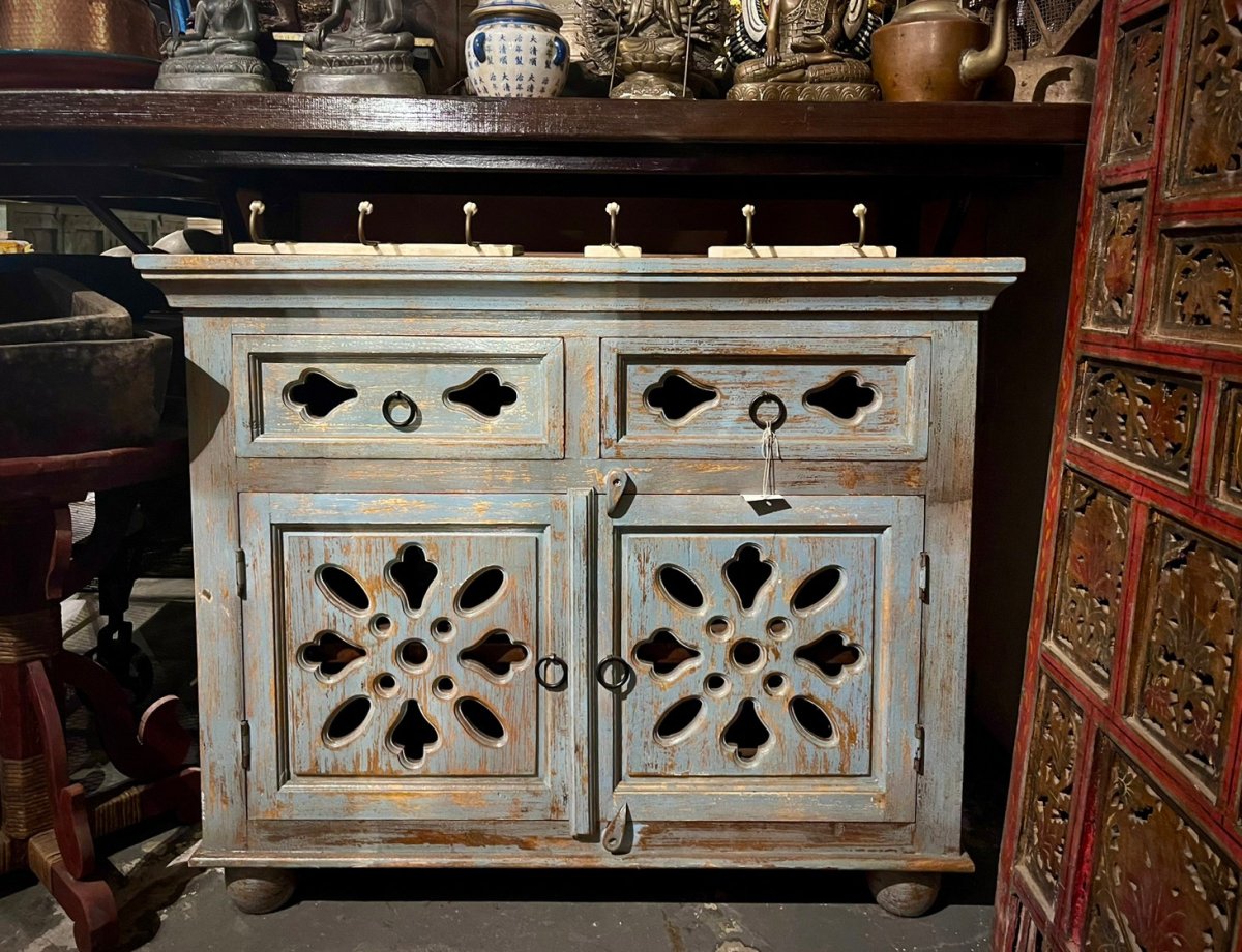 Blue Colonial 2 Doors Sideboard with Drawers - kamalaantique