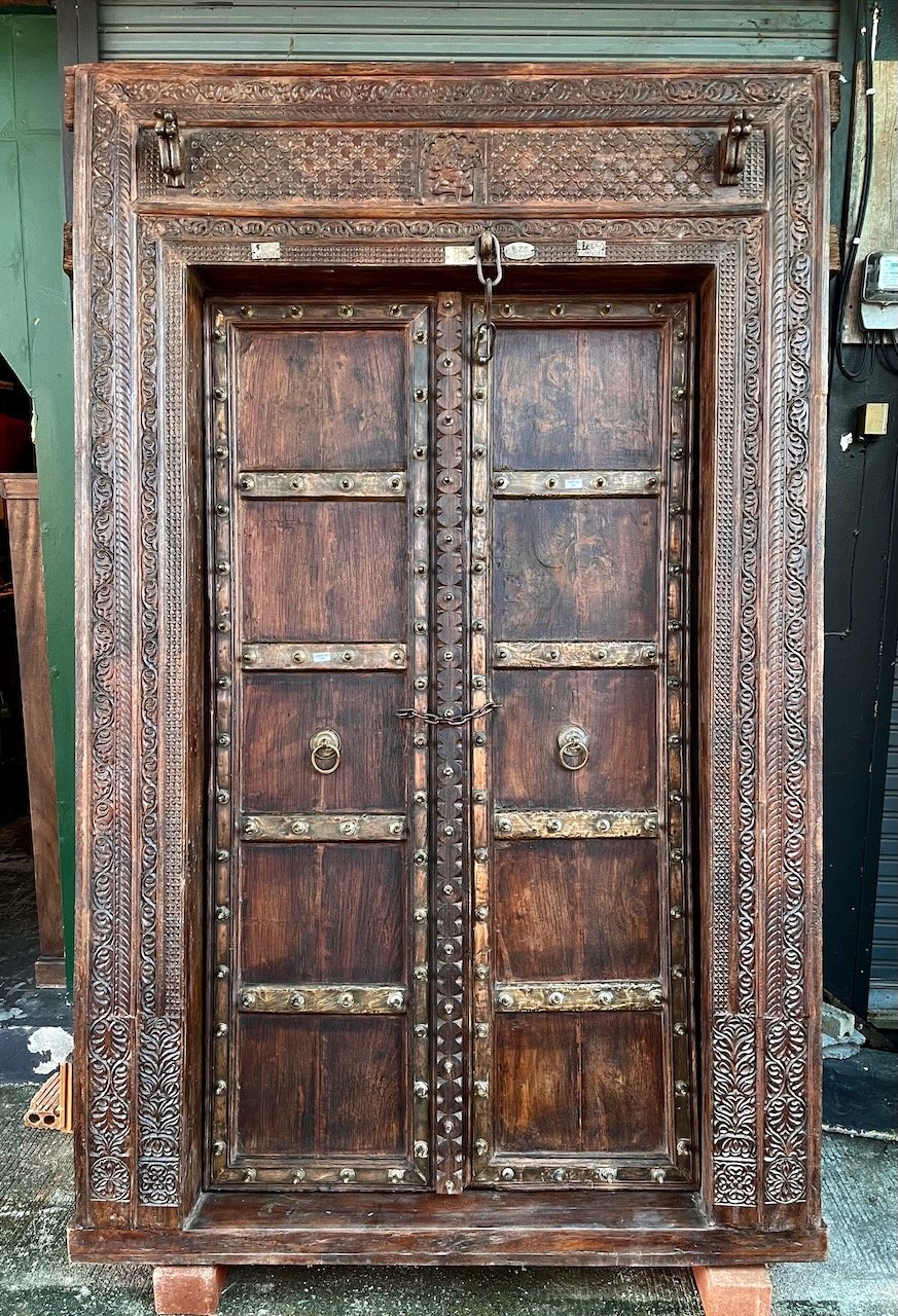 Antique Solid Wood Door with Brass Stripes and Thick Nails