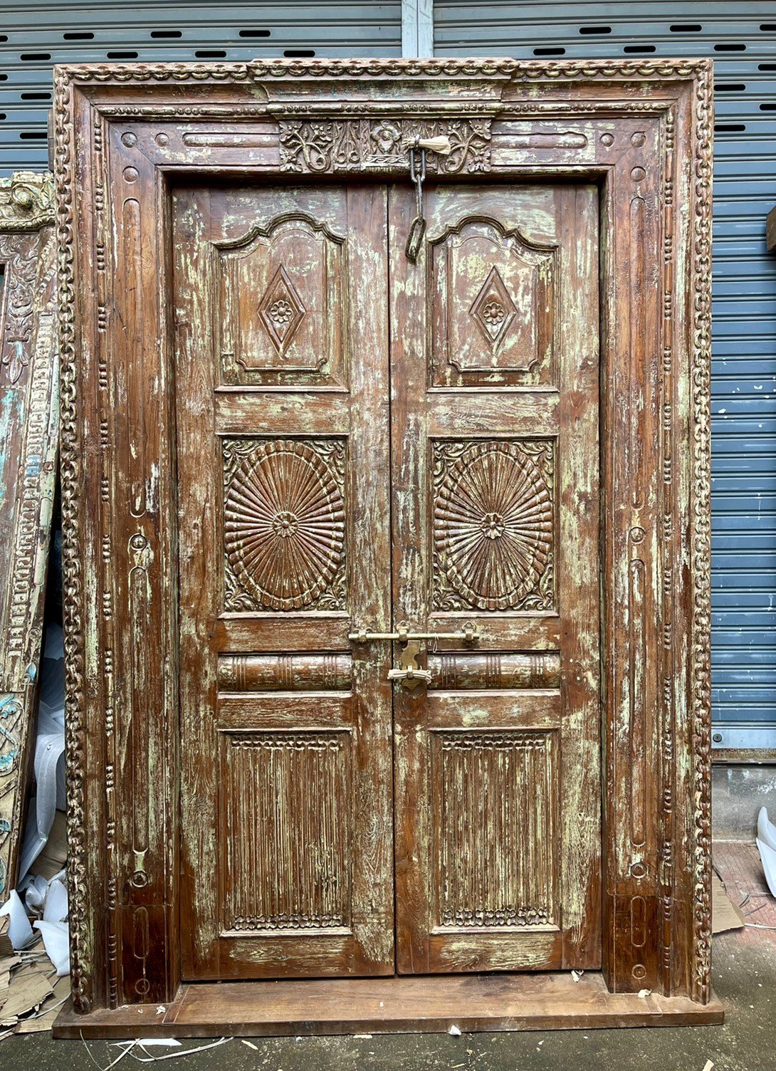 Vintage Teak Door with Classic Carving in Rustic Green - kamalaantique