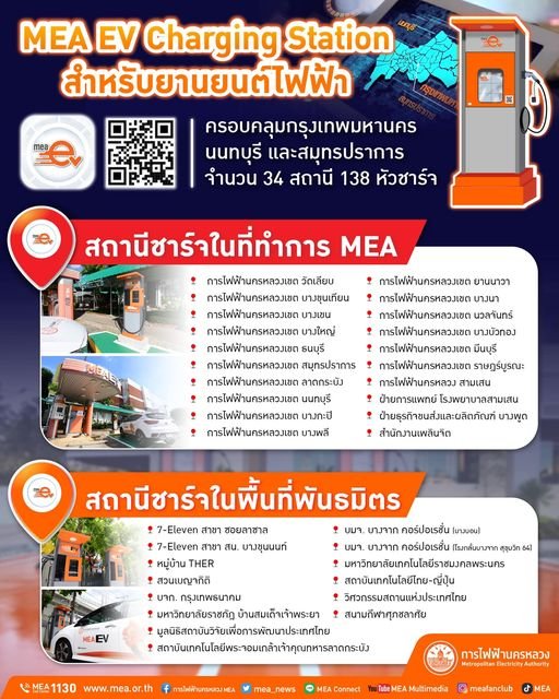 ส่องพิกัด 34 สถานี 138 หัวชาร์จ MEA EV Charging Station