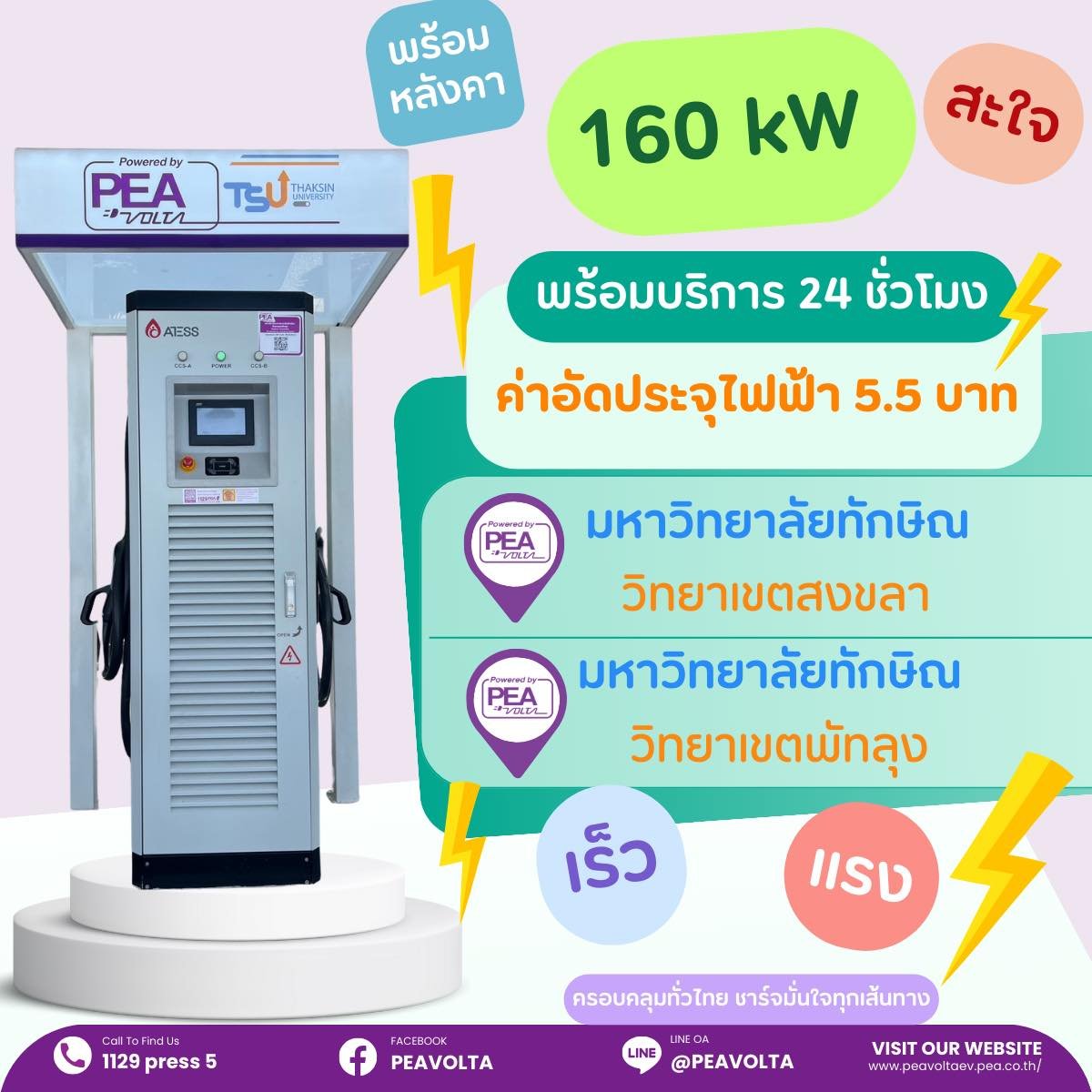 PEA VOLTA เปิดสถานีชาร์จรถ EV ขนาด 160 kW ม.ทักษิณ วิทยาเขตสงขลา และพัทลุง - ev-roads