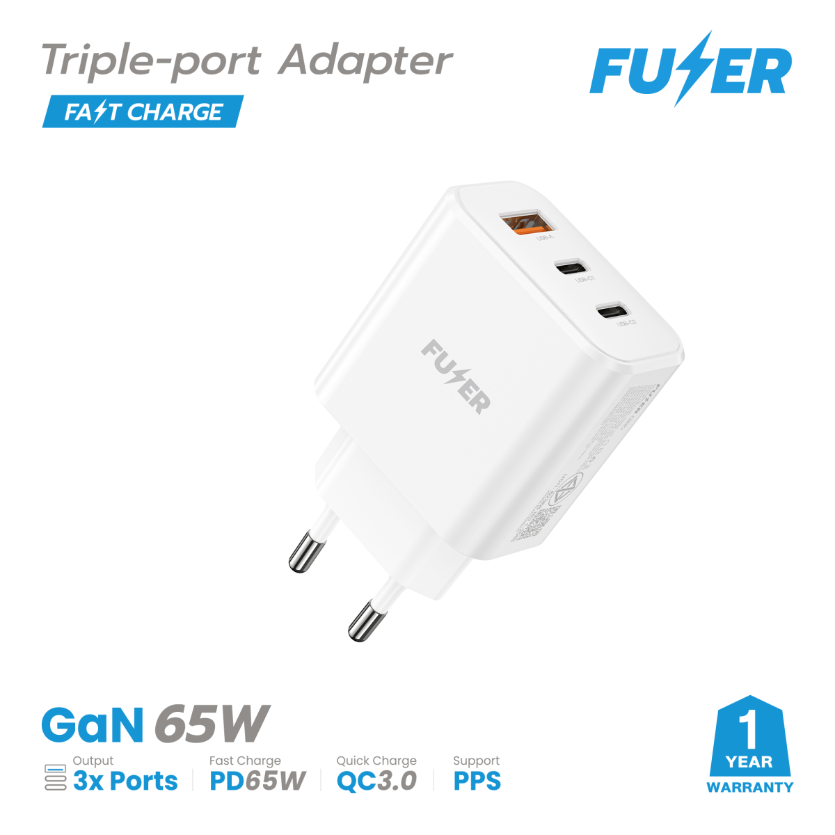 FUZER Adapter รุ่น V6511 (PD65W) ชาร์จเร็ว 3 พอร์ต PD ชาร์จ - fuzerstore