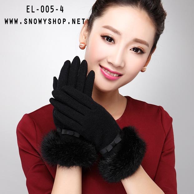 [*พร้อมส่ง] [EL-005-4] EL++ถุงมือ++ถุงมือกำมะหยี่สีดำแต่งขนเฟอร์สวยค่ะ