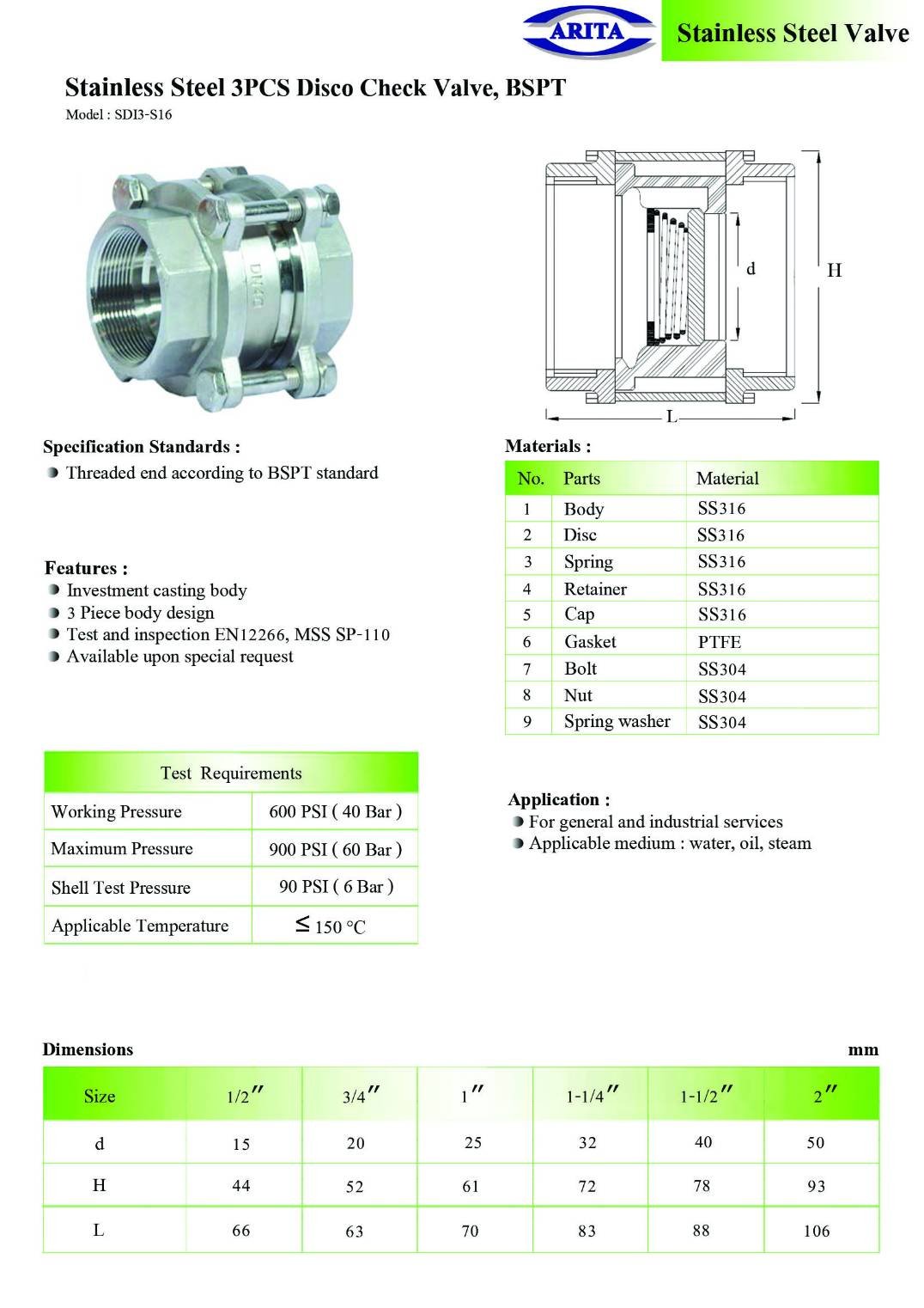 Arita Stainless Steel 3PCS Disco Check Valve, BSPT