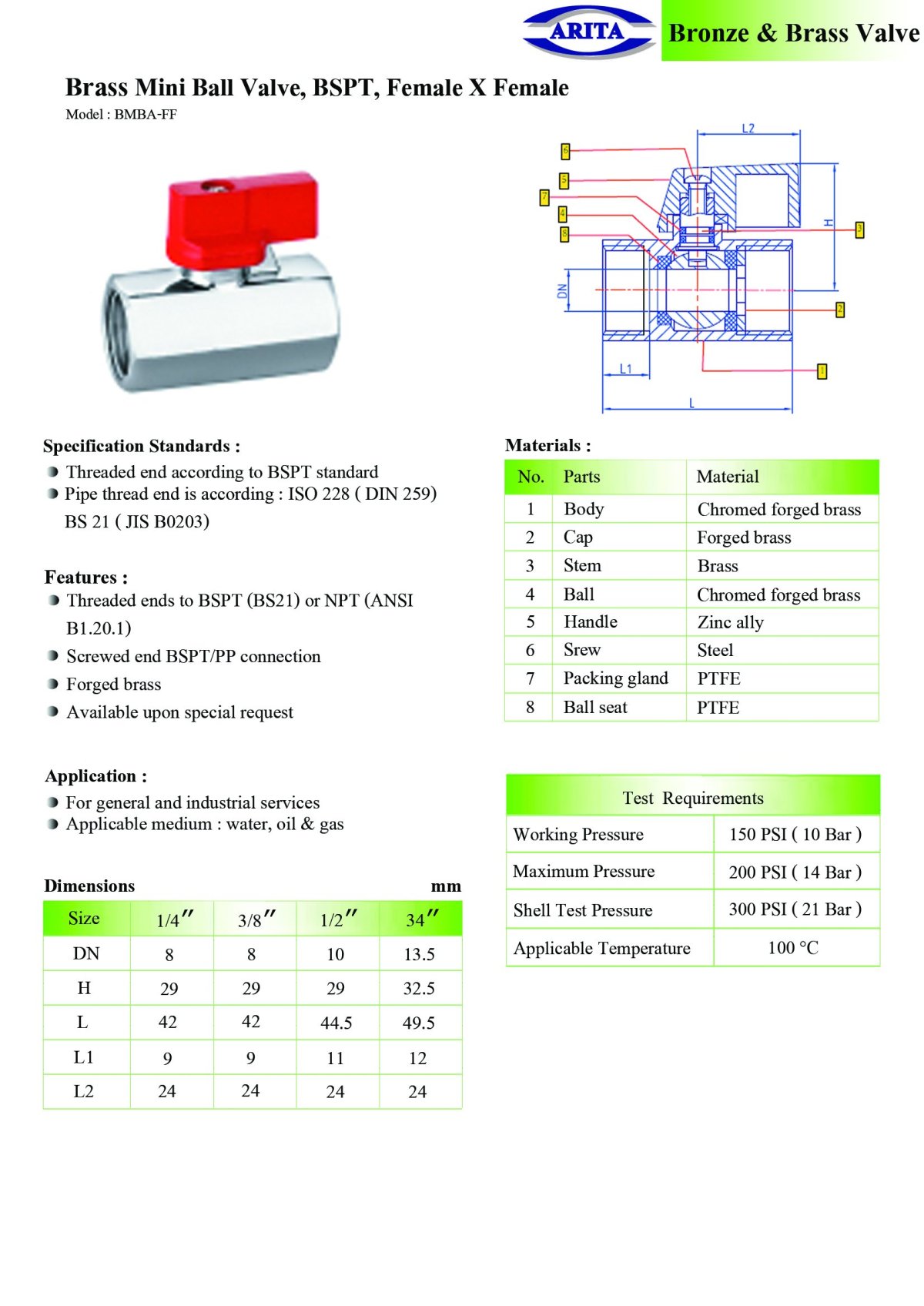 Arita Brass Mini Ball Valve, PN16, FXF (Female x Female)
