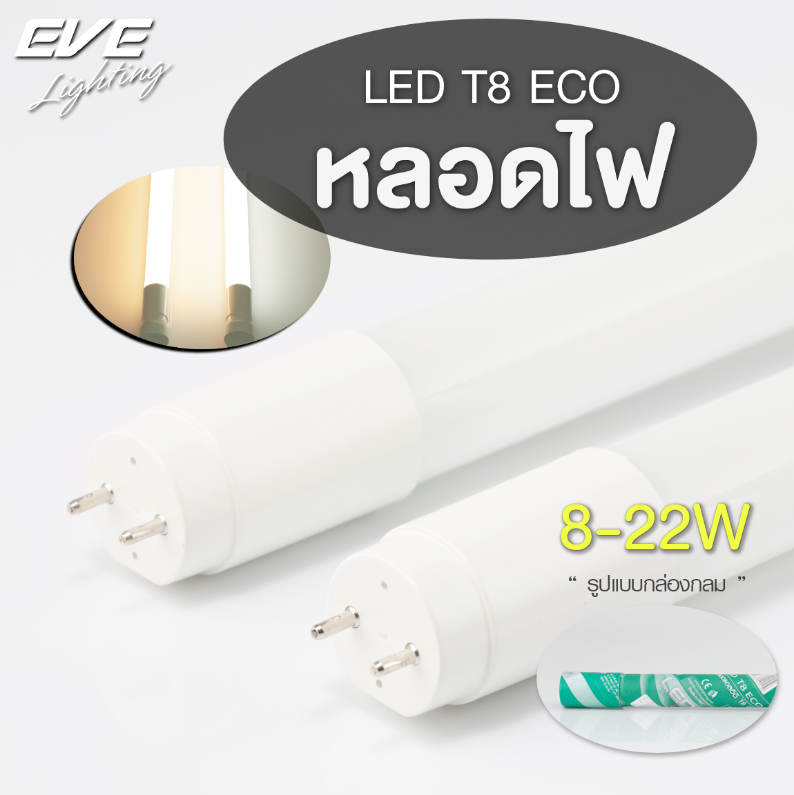 LED T8 ECO หลอดแอลอีดี T8 ชนิดไฟเข้าสองทาง ขนาด 8, 9, 16, 18, 22 วัตต์ แสงขาวเดย์ไลท์, วอร์มไวท์ ...