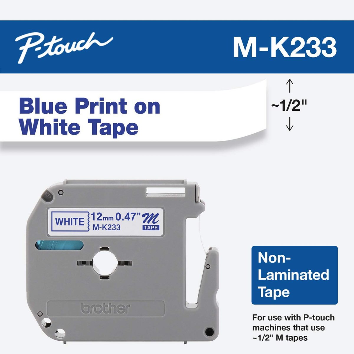 Brother M-K233 เทปพิมพ์อักษร ขนาด 12 มม. (น้ำเงิน/ขาว) ของแท้ รับประกันศูนย์ - tonerprintthai