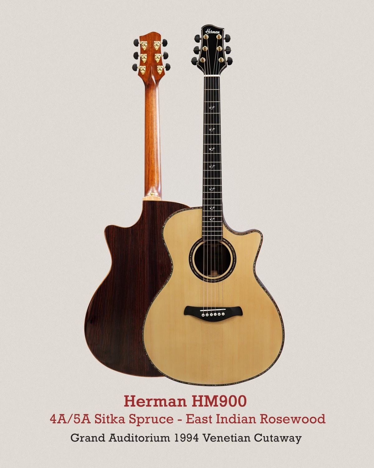 กีตาร์ Herman H900 All Solid Solid Sitka Spruce, Solid East Indian Rosewood - hermanguitar