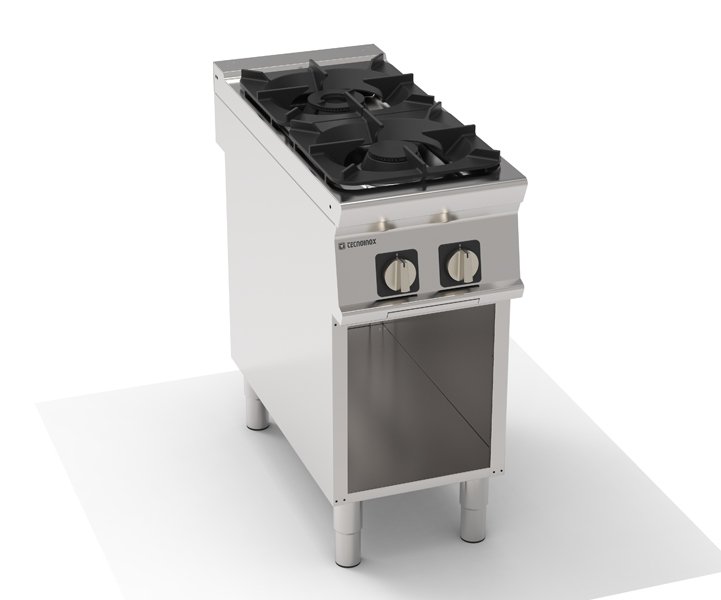 2 Burners Gas Boiling Top With Cast Iron Grids Freestanding On Open Cabinet