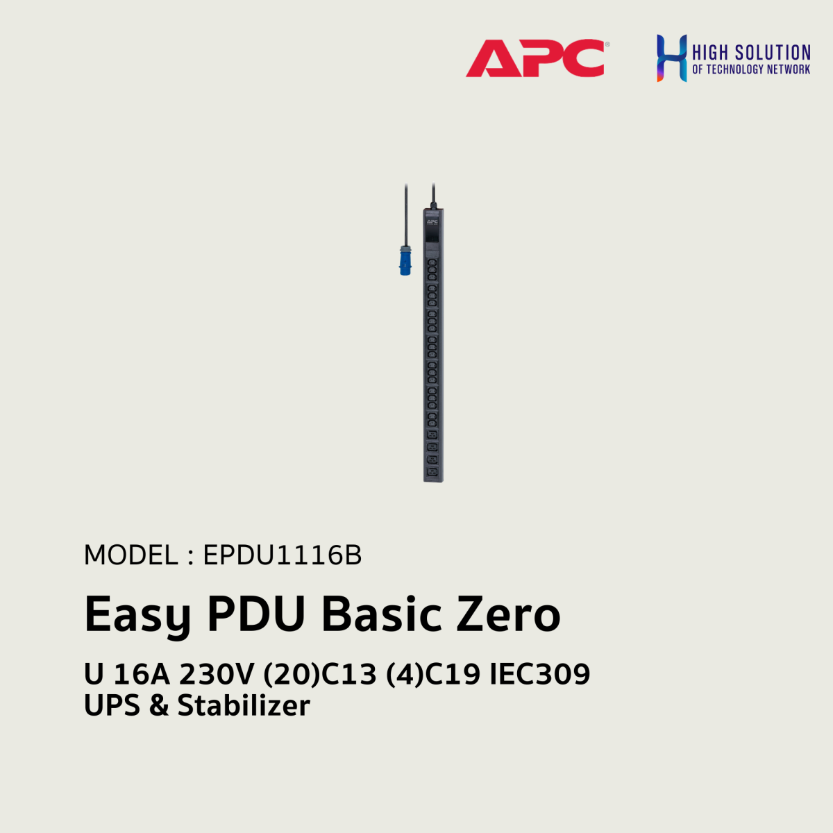 EPDU1116B, APC, Easy PDU Basic ZeroU 16A 230V (20)C13 (4)C19 IEC309 ...