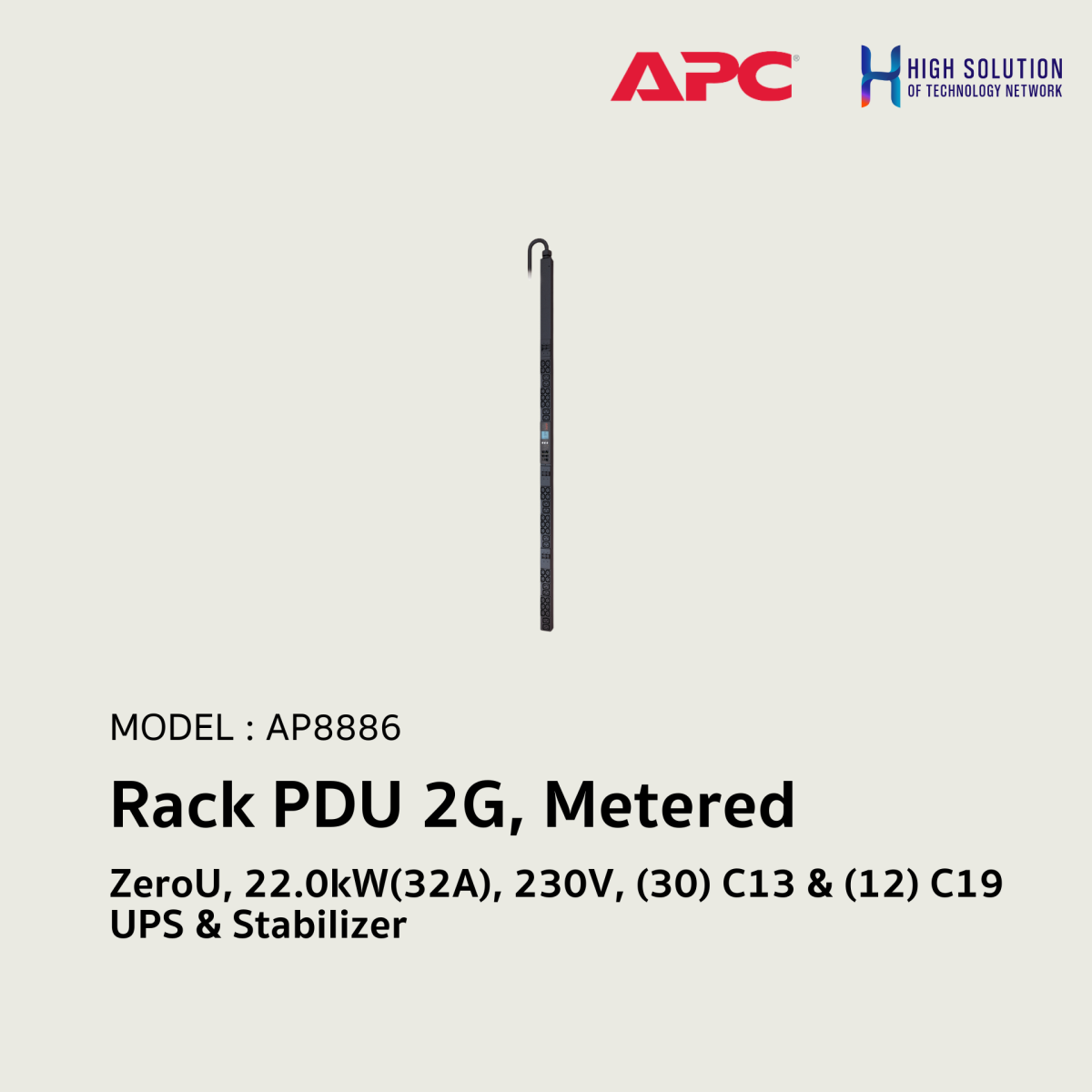 AP8886, APC, Rack PDU 2G, Metered, ZeroU, 22.0kW(32A), 230V, (30) C13 ...