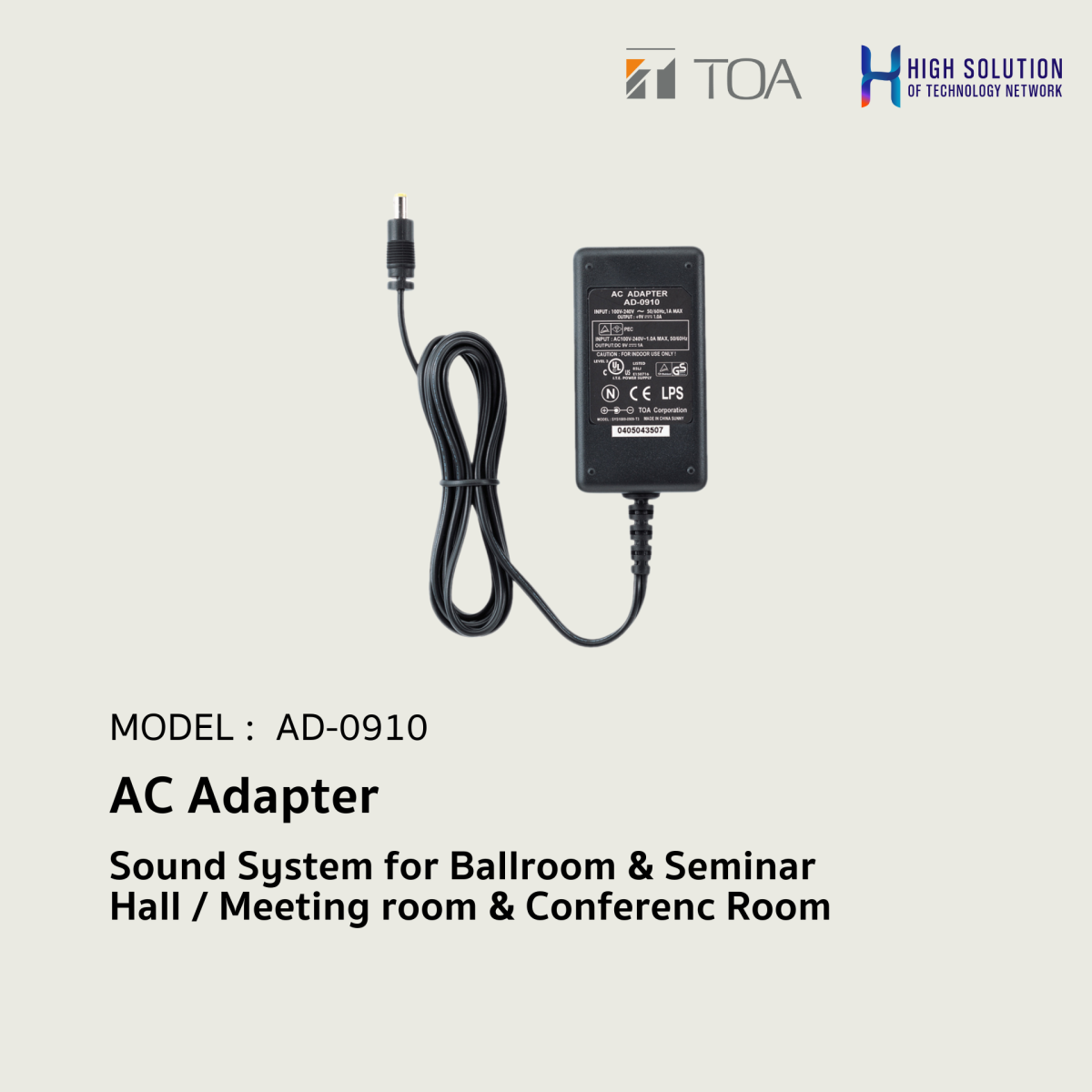 AD-0910 (TOA) AC Adapter / Sound System for Ballroom & Seminar Hall ...