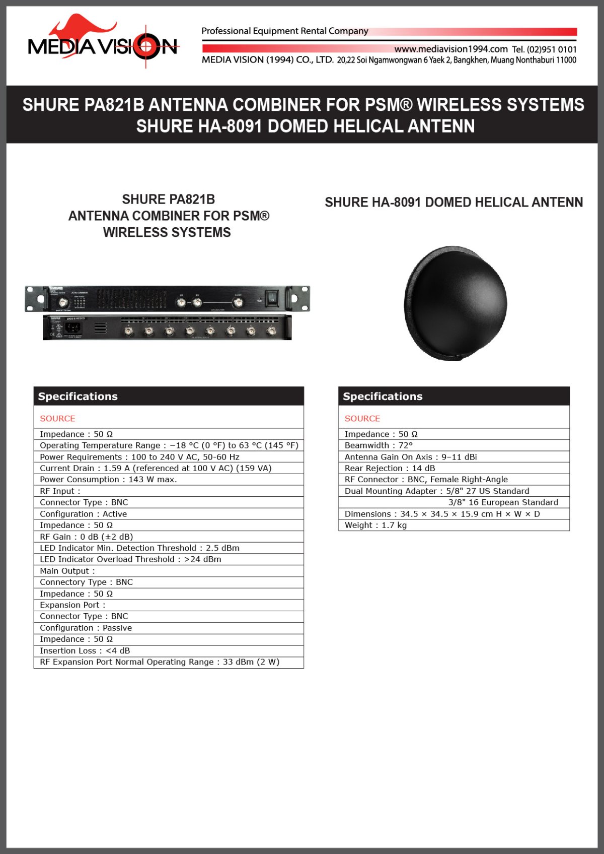 SHURE PA821B ANTERNNA COMBINER FOR PSM WIRELESS SYSTEMS , SHURE HA-8091 ...