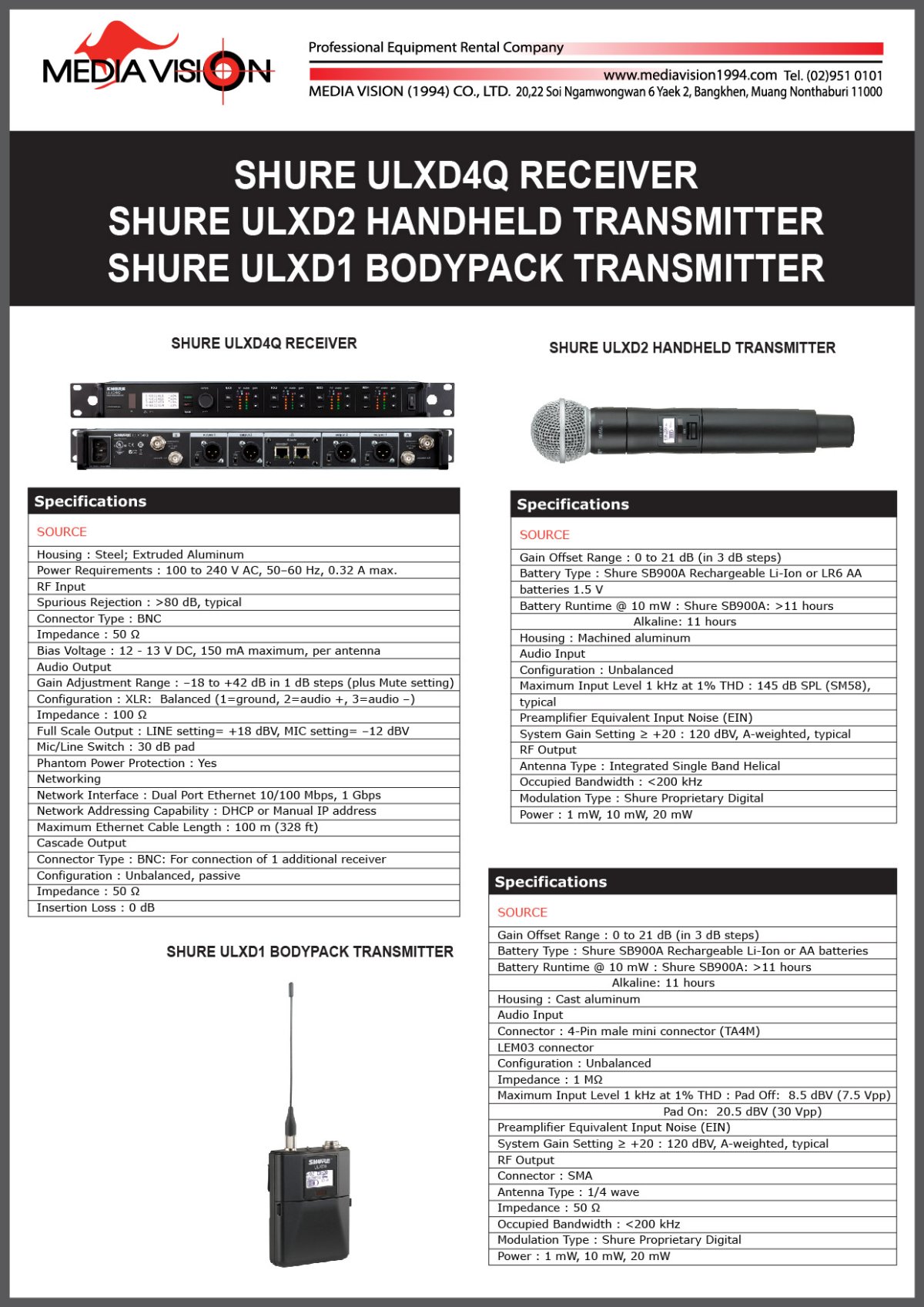 SHURE ULXD4Q RECEIVER, SHURE ULXD2 HANDHELD TRANSMITTER, SHURE ULXD1 ...