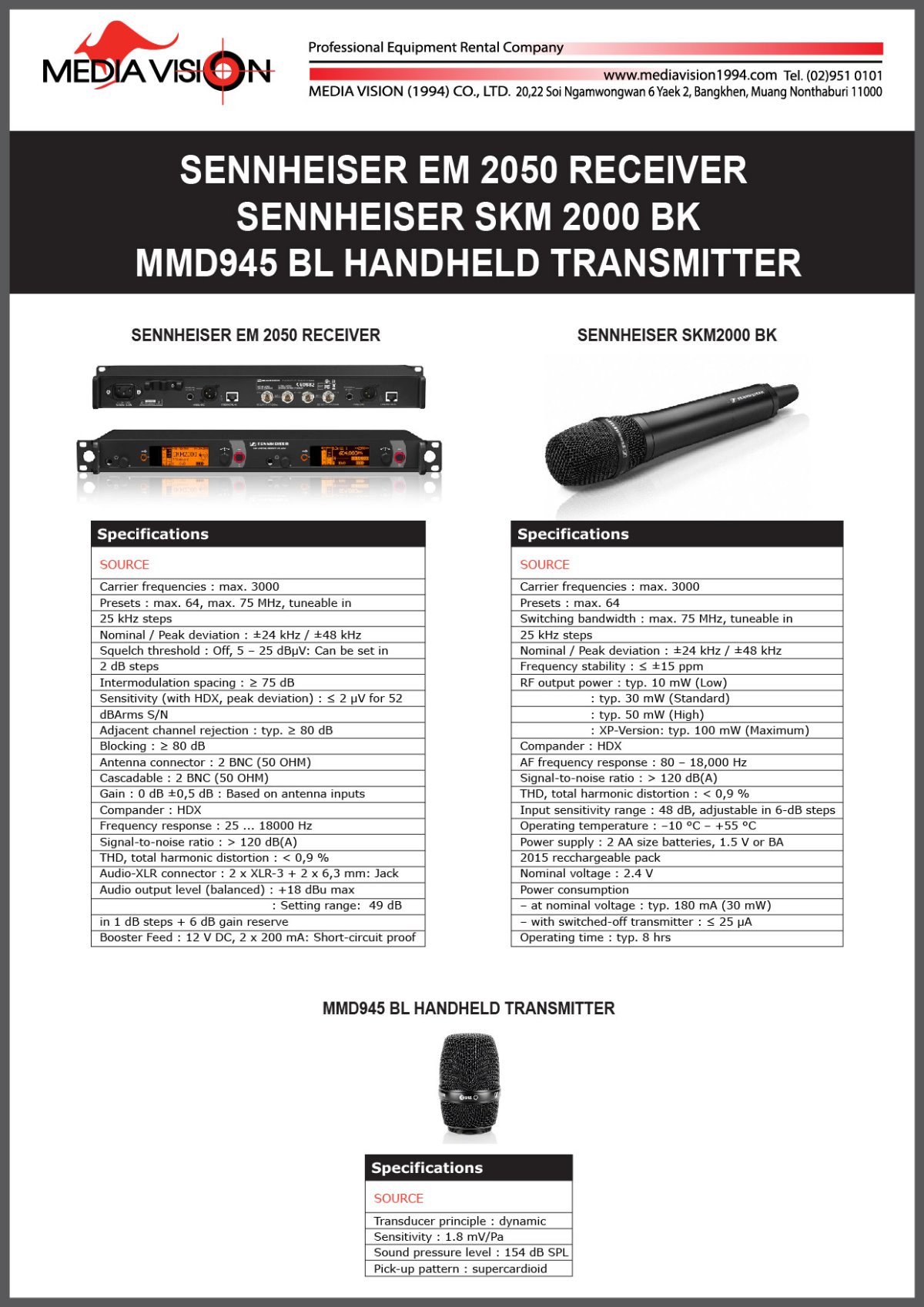 SENNHEISER EM 2050 RECEIVER, SENNHEISER SKM 2000 BK, MMD945 BL HANDHELD ...