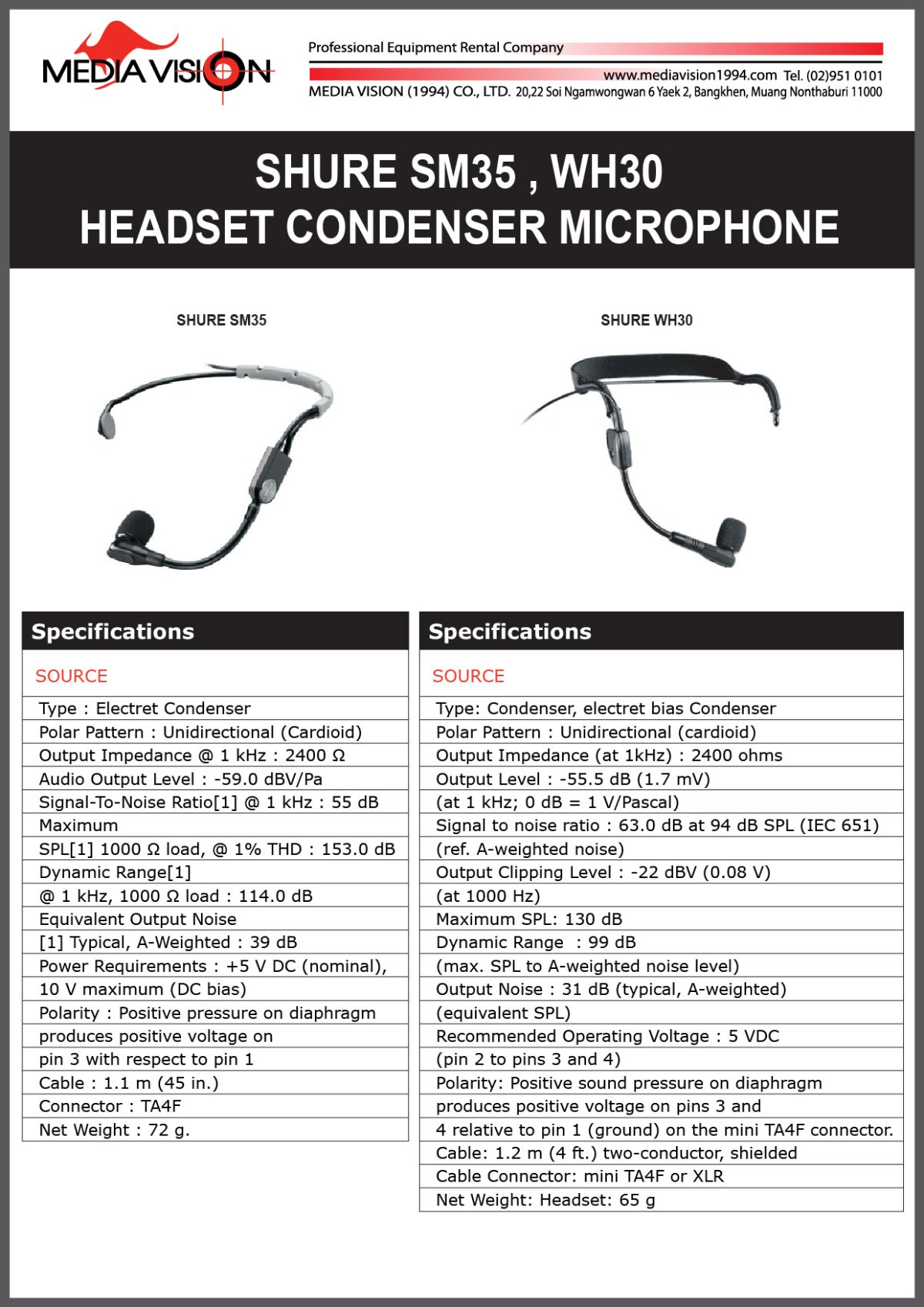 SHURE SM35, WH30 HEADSET CONDENSER MICROPHONE