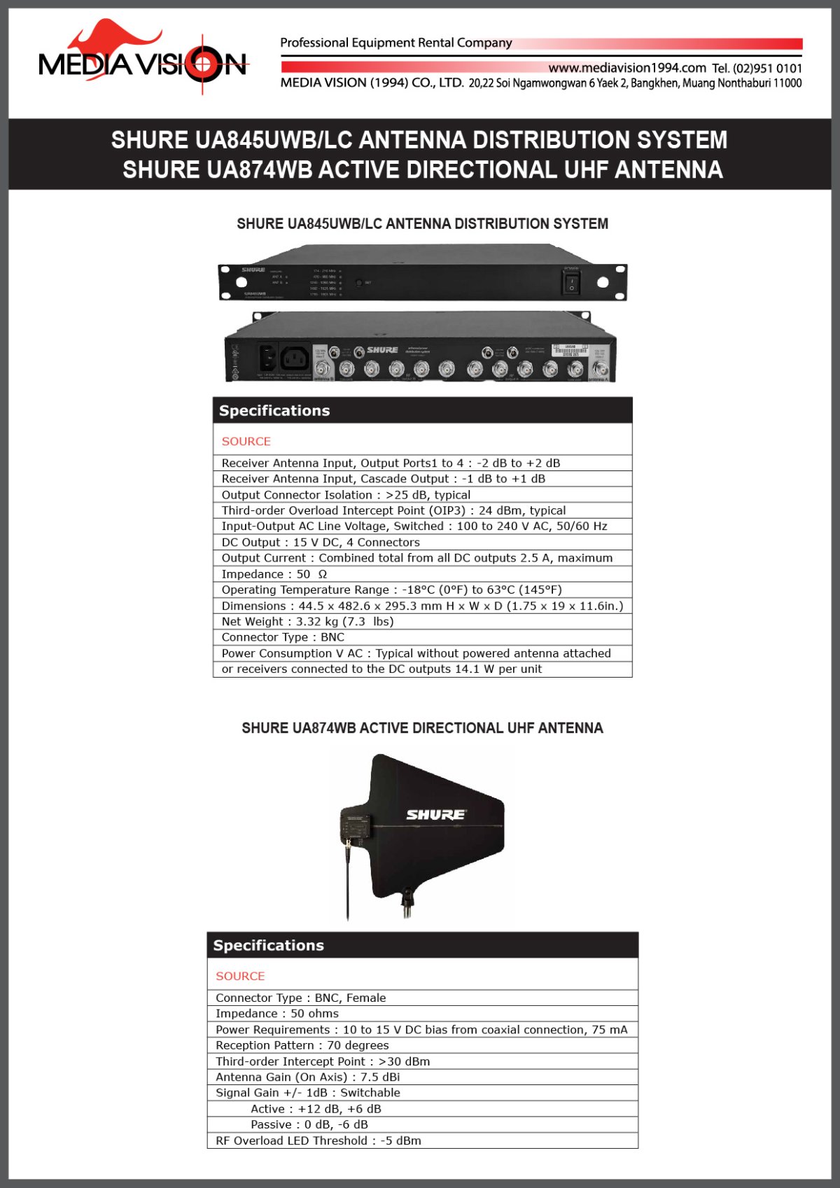 SHURE UA845UWB/LC ANTENNA DISTRIBUTION SYSTEM, SHURE UA874WB ACTIVE ...