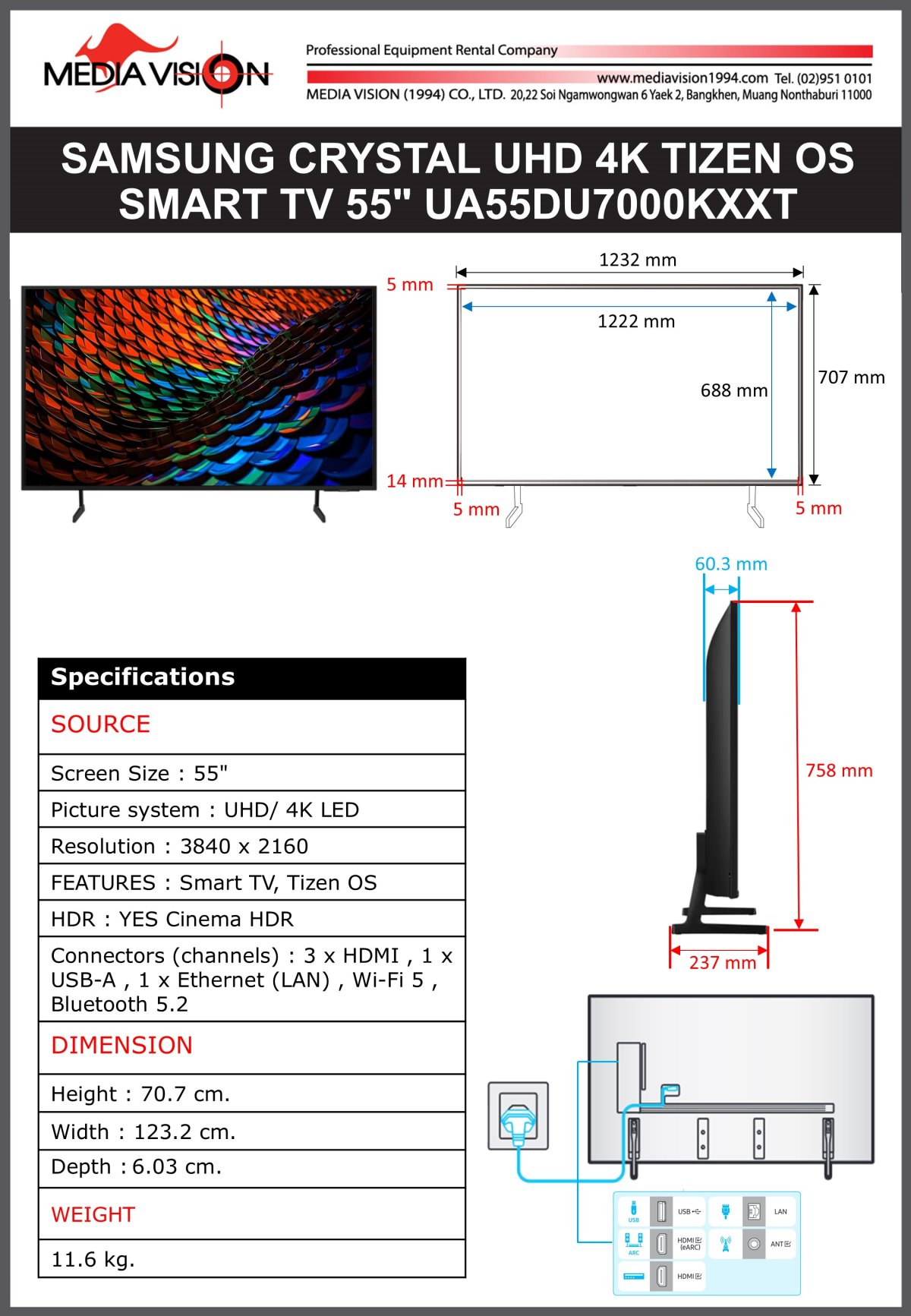 SAMSUNG CRYSTAL UHD 4K TIZEN OS SMART TV 55" UA55DU7000KXXT