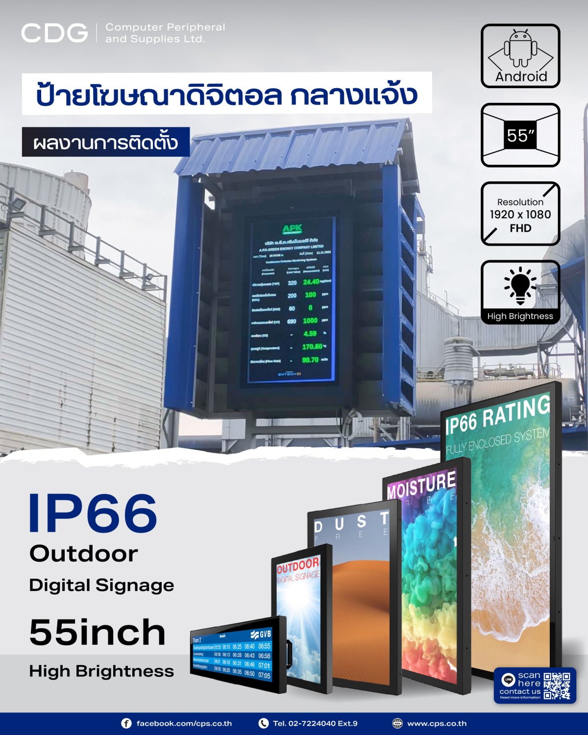 ป้ายโฆษณาดิจิตอล IP66 Outdoor Digital Signage 55inch High Brightness