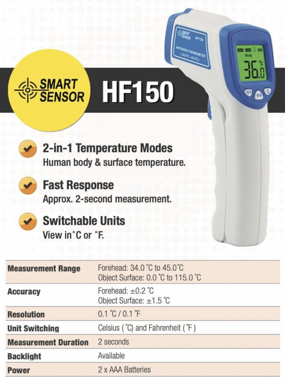 Smart Sensor Model HF150 เครื่องวัดอุณหภูมิอินฟราเรด เครื่องวัดอุณหภูมิ ...