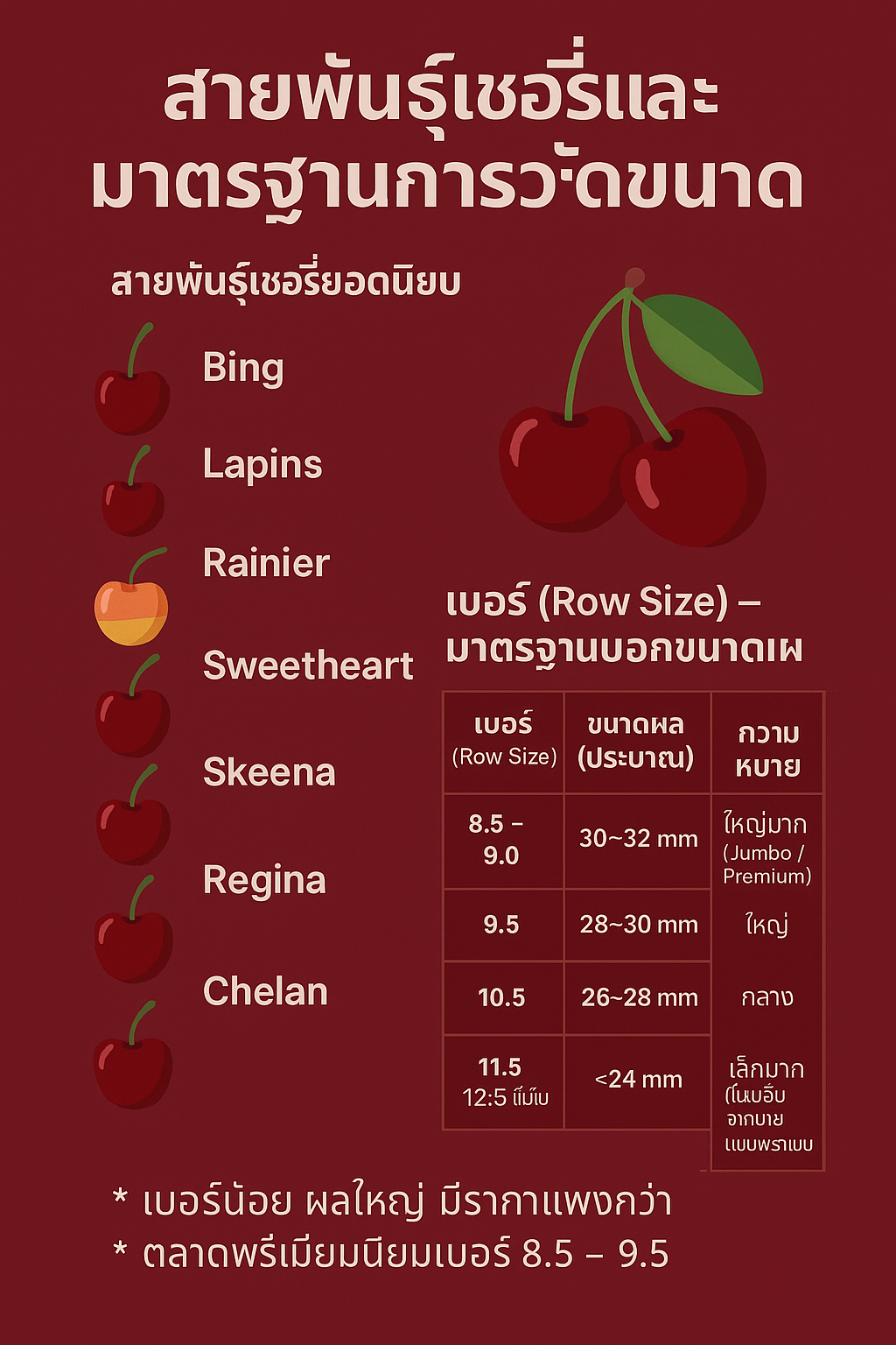 รู้จักเชอรี่: ผลไม้พรีเมียมยอดนิยม พร้อมส่องสายพันธุ์และขนาดผล (Row ...