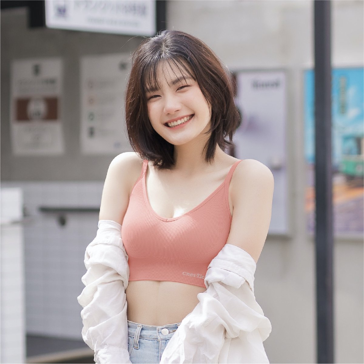 Candy Bra บราไร้ตะเข็บทอแบบ Ribbed ดีไซน์สปอร์ต สีส้มอมชมพู - cherilon