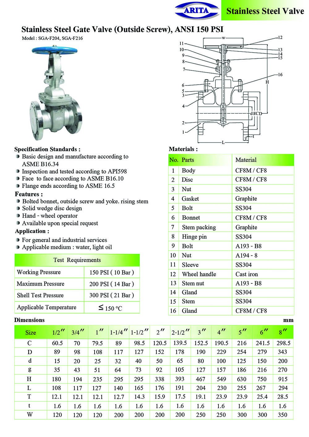 ARITA Stainless Steel Gate Valve (OS&Y), ANSI 150 PSI - factorymartonline