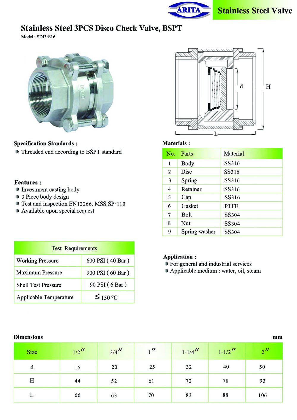 Stainless Steel 3PCS Disco Check Valve, BSPT