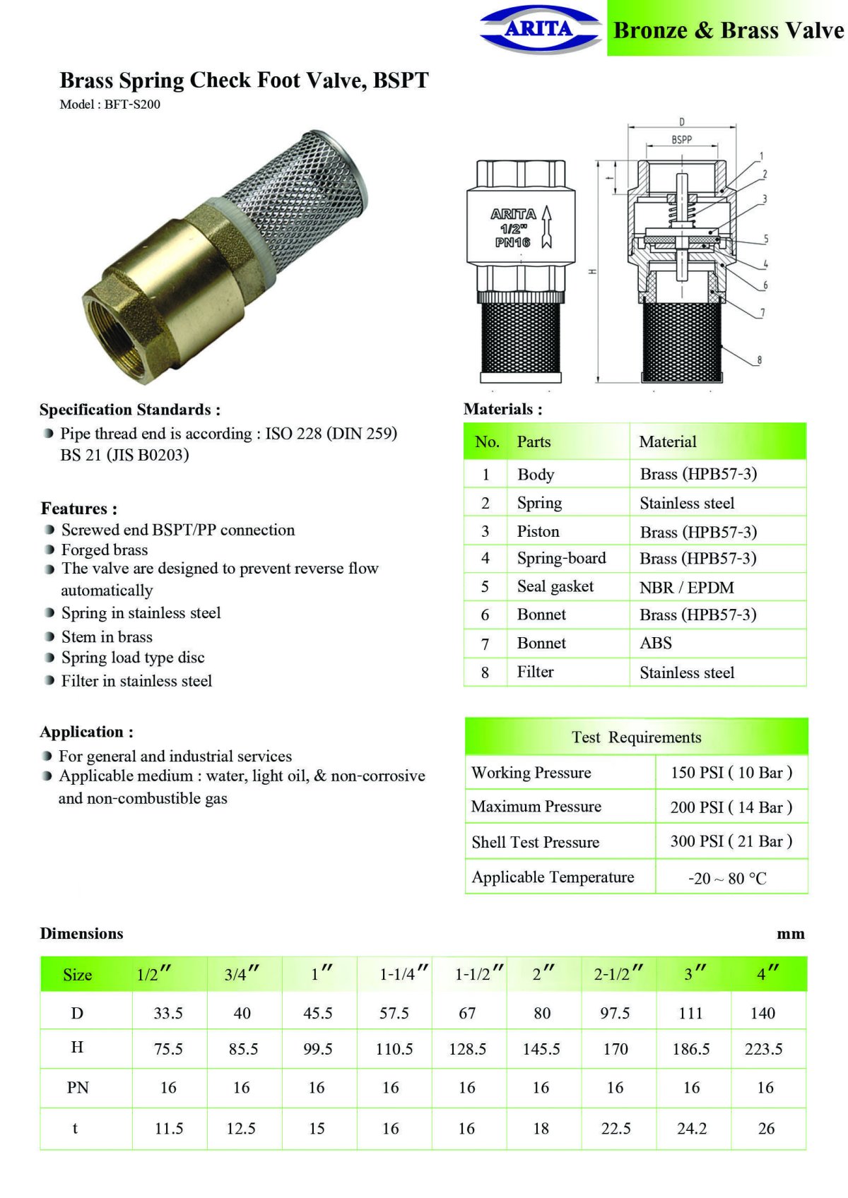 Brass Spring Check Foot Valve, BSPT - factorymartonline