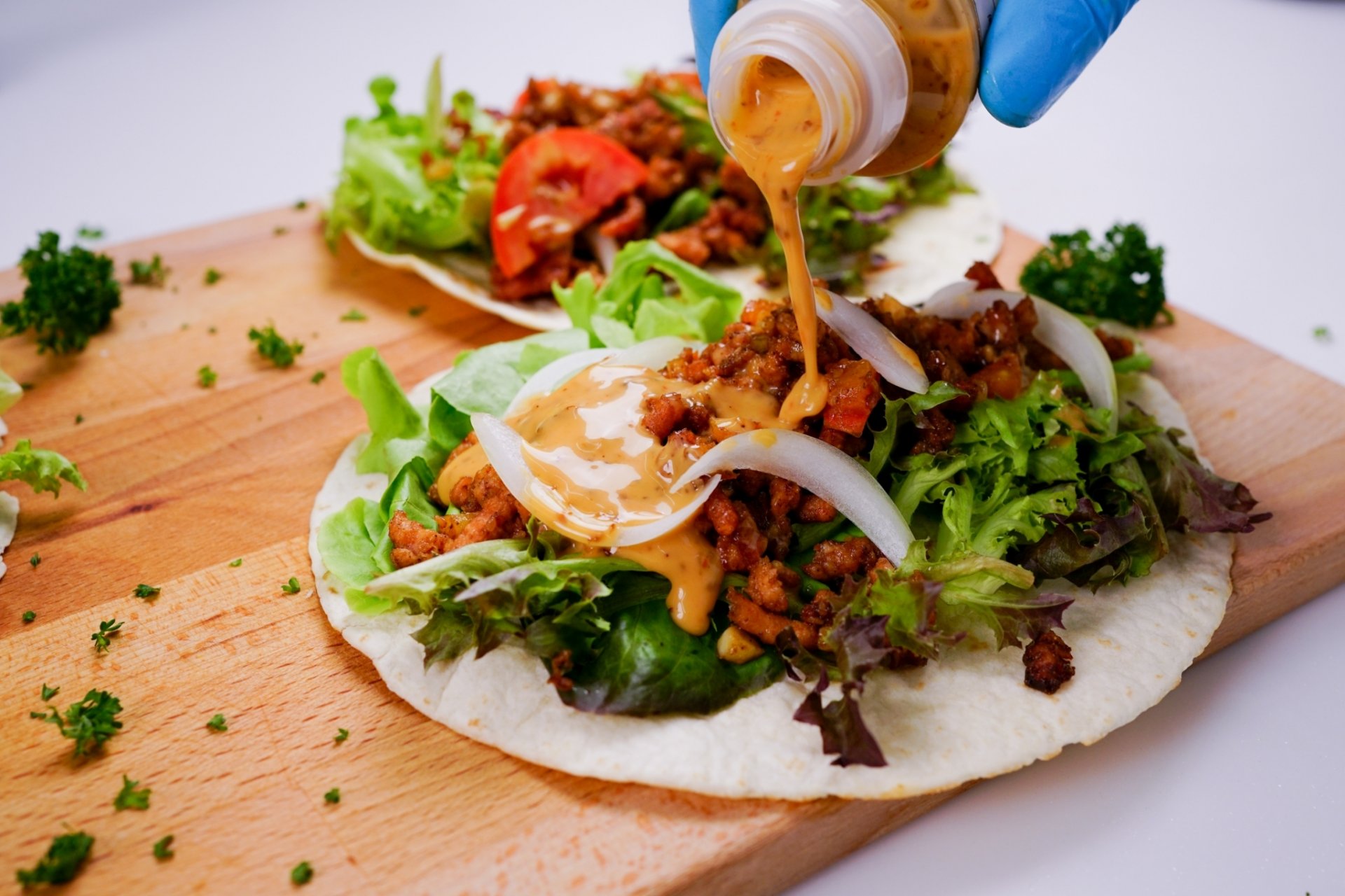 Plant Based Protein Mince with Kewpie Japane and Wraps - nevermeat