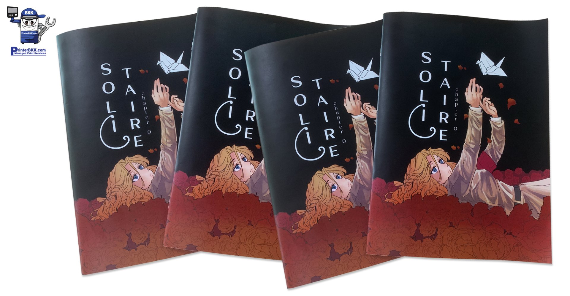 พิมพ์งานสี่สีหน้าหลัง กระดาษอาร์ตมัน 130 แกรม เข้าเล่มแบบมุงหลังคา