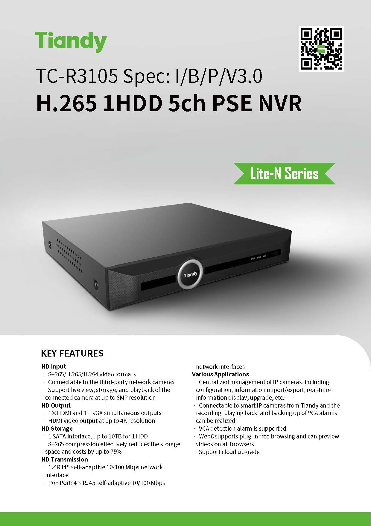 Tiandy NVR H.265 1HDD 5Ch Model:TC-R3104 THB 3,600.-
