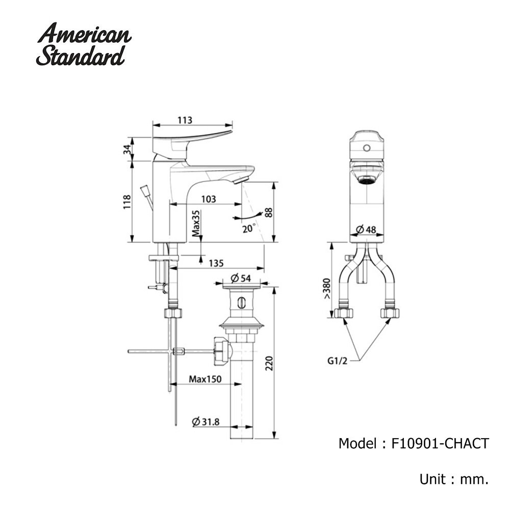 F10901-CHACT ก๊อกผสมอ่างล้างหน้า (พร้อมสะดืออ่างและสต็อปวาล์ว) รุ่น Milano