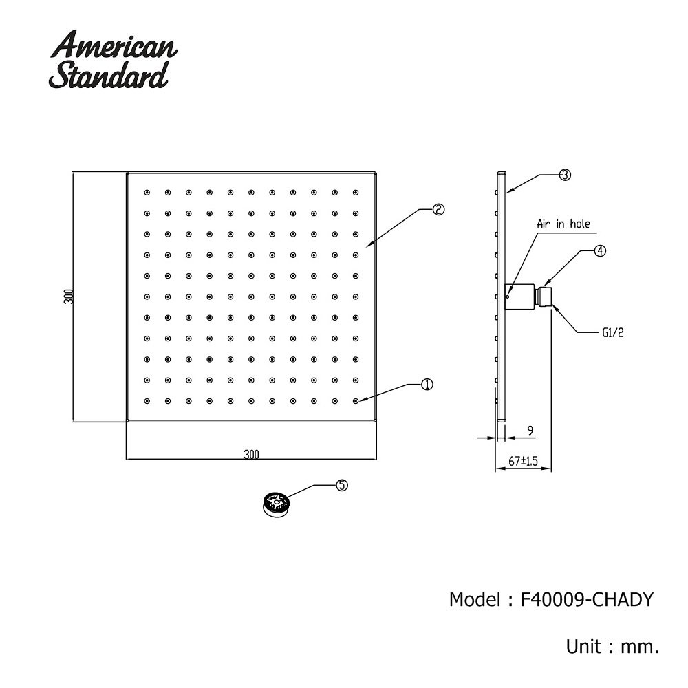 F40009-CHADY หัวฝักบัวเรนชาวเวอร์ทองเหลือง แบบเหลี่ยม ขนาด 300x300 mm ...
