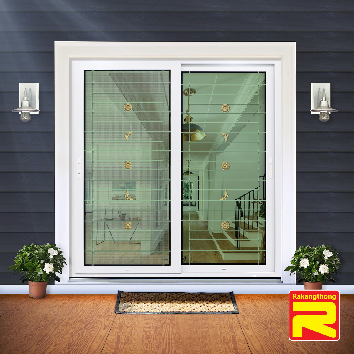 UPVC Sliding Door with Wrought Iron + 2 Layers of Glass