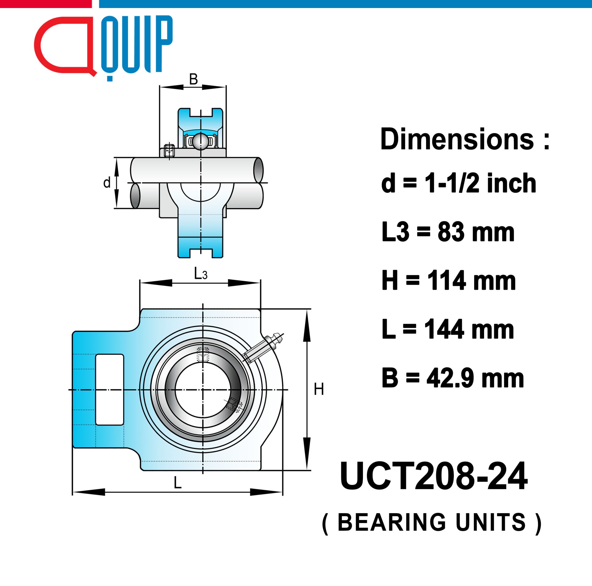 UCT208-24 ตลับลูกปืนตุ๊กตา สำหรับงานอุตสาหกรรม รอบสูง Bearing Units UCT 208-24 ( เพลา 1./12 นิ้ว ...
