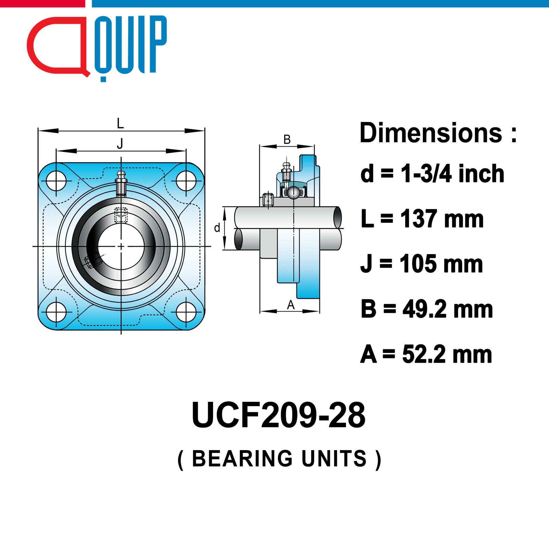UCF209-28 ตลับลูกปืนตุ๊กตา สำหรับงานอุตสาหกรรม รอบสูง Bearing Units UCF 209-28 ( เพลา 1.3/4 นิ้ว ...