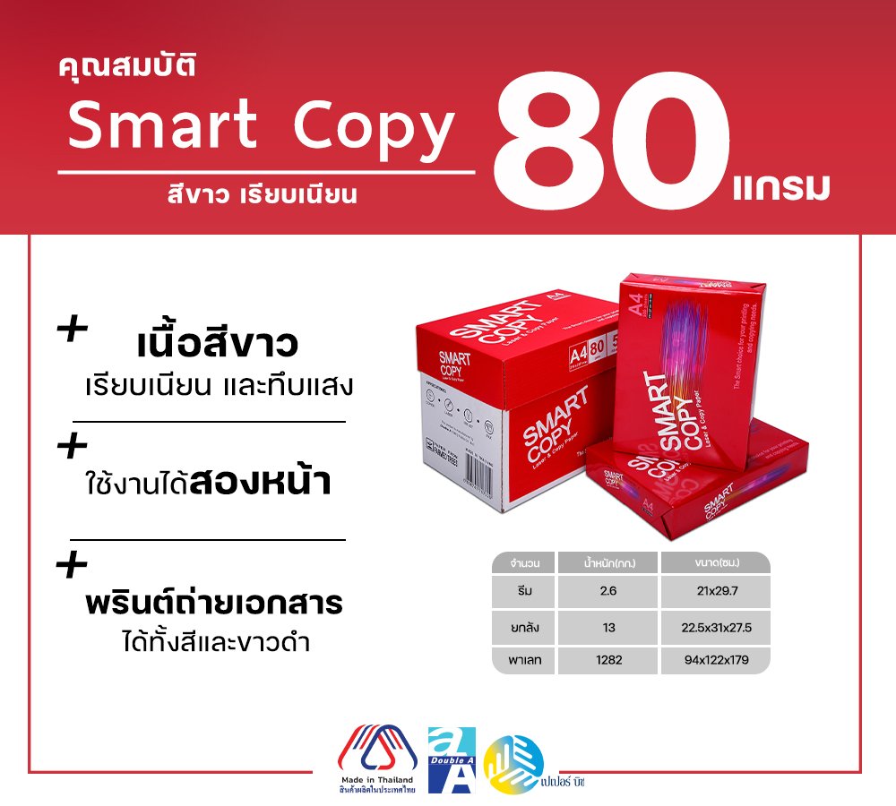 กระดาษถ่ายเอกสาร Smart Copy ขนาด A4 หนา 80 แกรม 500แผ่น (1 รีม) - paperbiz