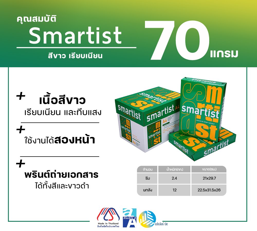 กระดาษถ่ายเอกสาร Smartist ขนาด A4 หนา 70 แกรม 500แผ่น (1 รีม)